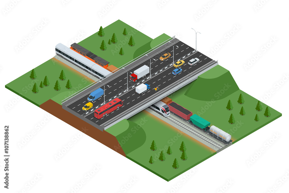 Railroad and bridge with traffic. Transport car, urban and asphalt ...