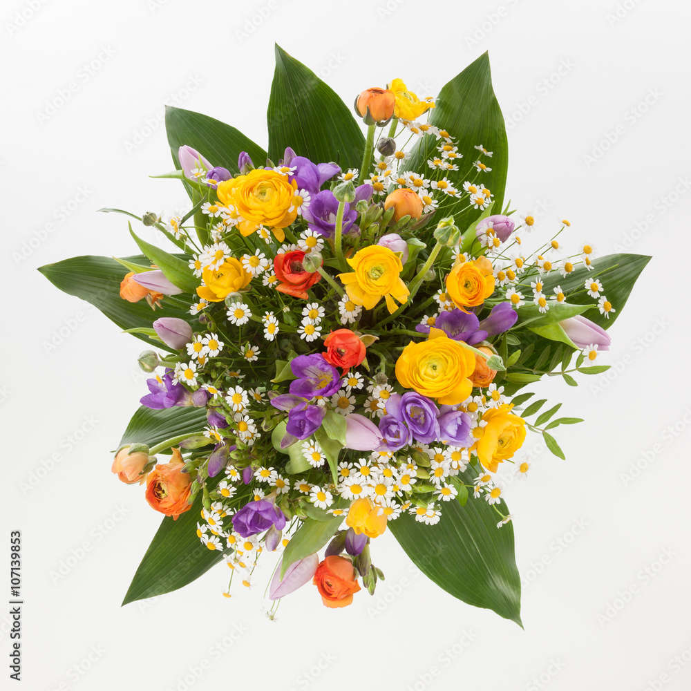 Ranunculus, Freesia and Tulip flowers bunch from above Stock Photo ...