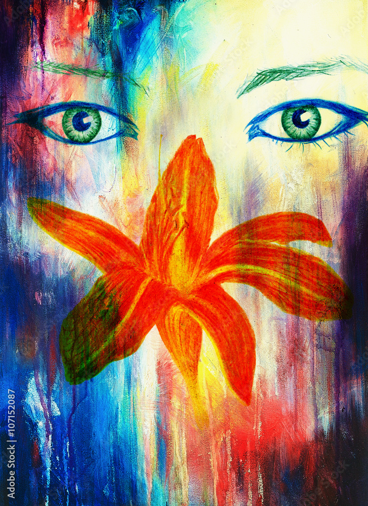woman eyes with flower, color pencil drawing, eye contact. Computer ...