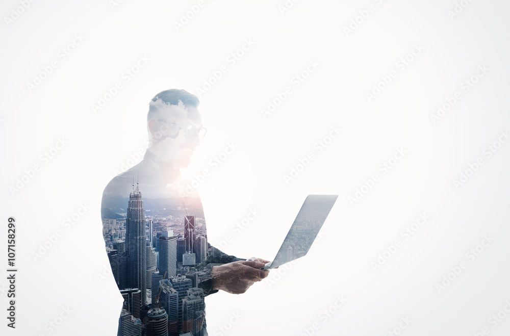 Double exposure bearded businessman wearing black shirt and glasses ...