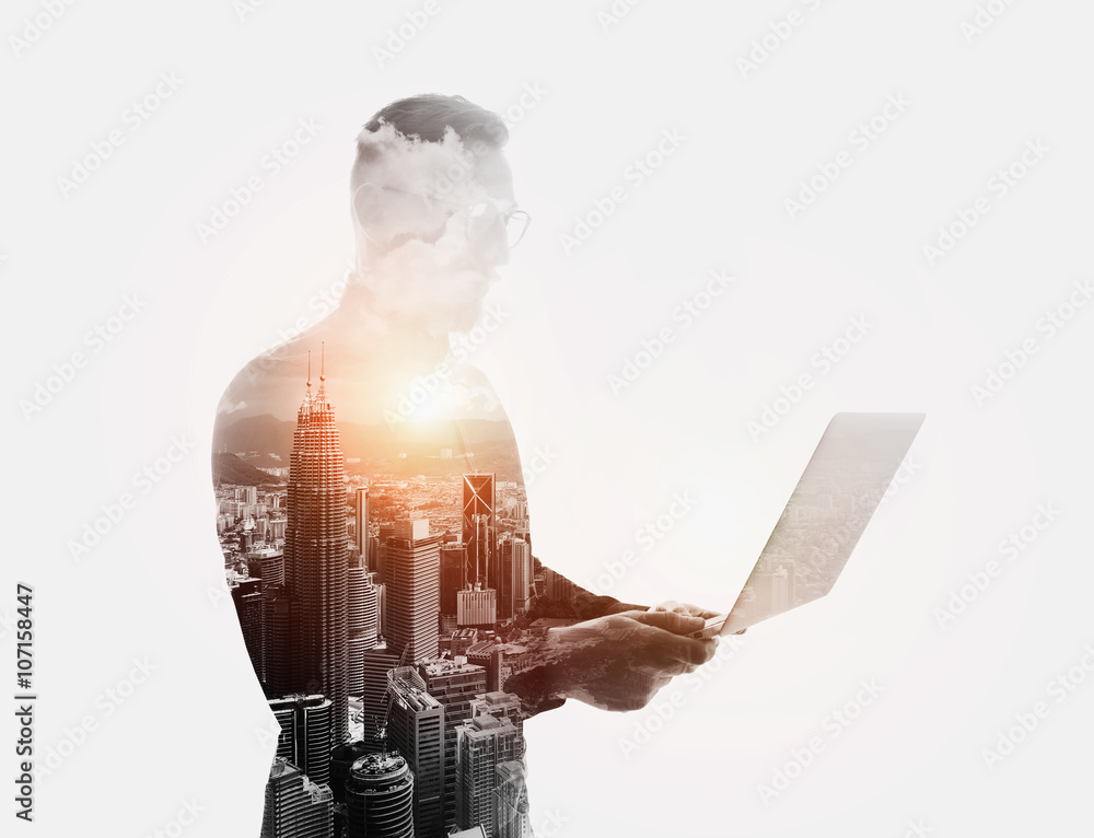 Double exposure bearded businessman wearing black shirt and glasses ...