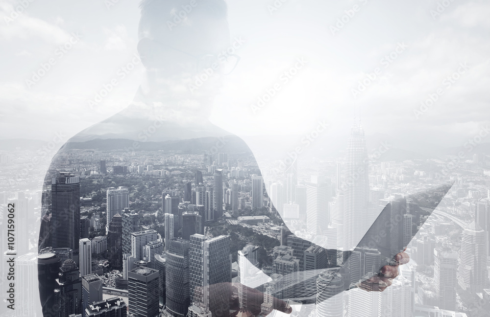 Double exposure bearded businessman wearing black shirt and glasses ...