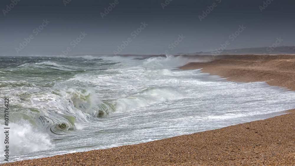 Storm waves battering Chesil Beach on Dorset's Jurassic Coast. Stock ...