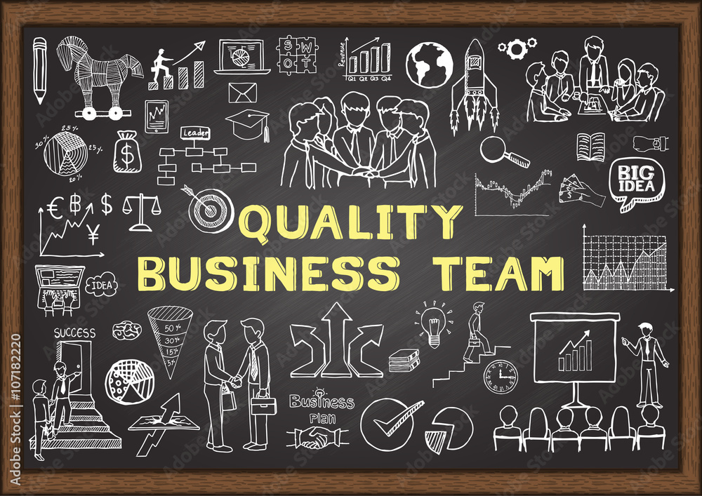 Hand drawn business icons about QUALITY BUSINESS TEAM on chalkboard ...