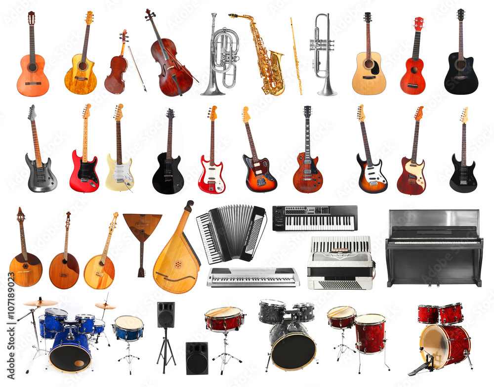 Collage of musical instruments isolated on white Stock Photo | Adobe Stock