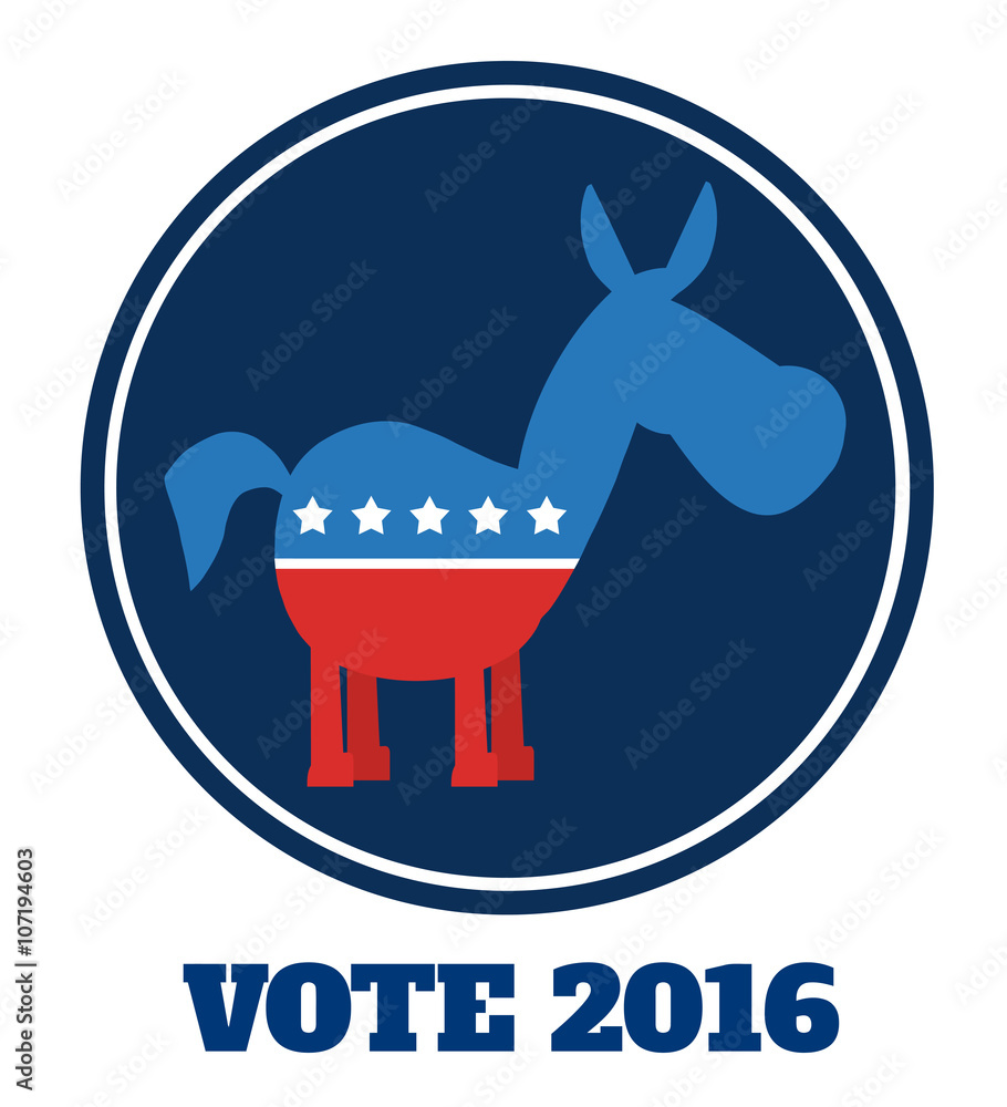 Vetor do Stock: Democrat Donkey Cartoon Blue Circale Label With Text ...