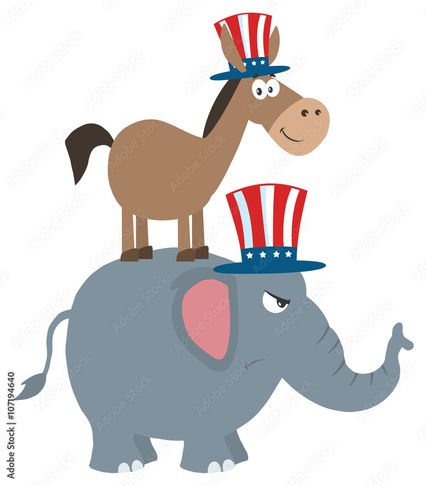 Smiling Donkey Democrat Over Angry Elephant Republican. Illustration ...