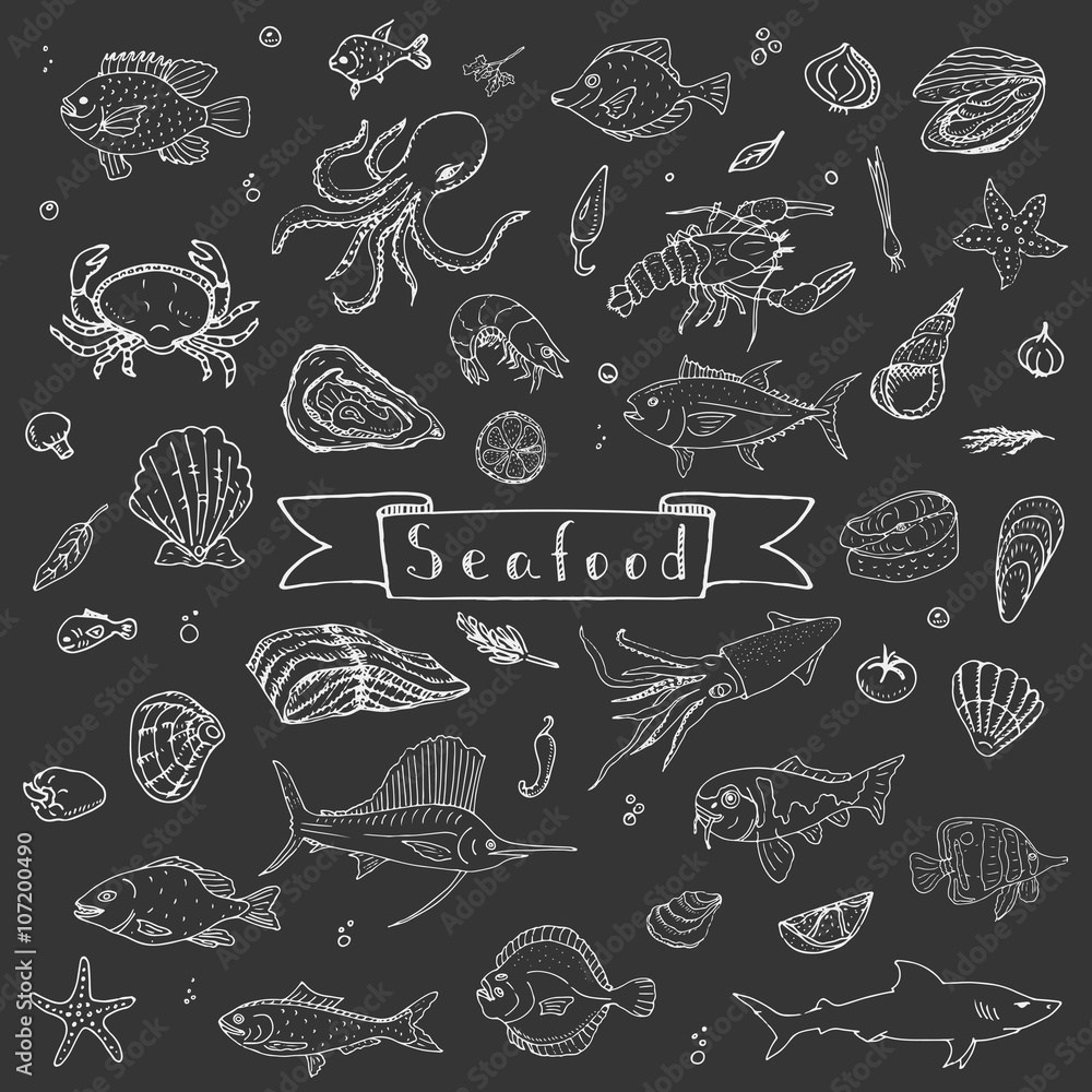Hand drawn doodle Seafood icons set Vector illustration seafood symbols ...