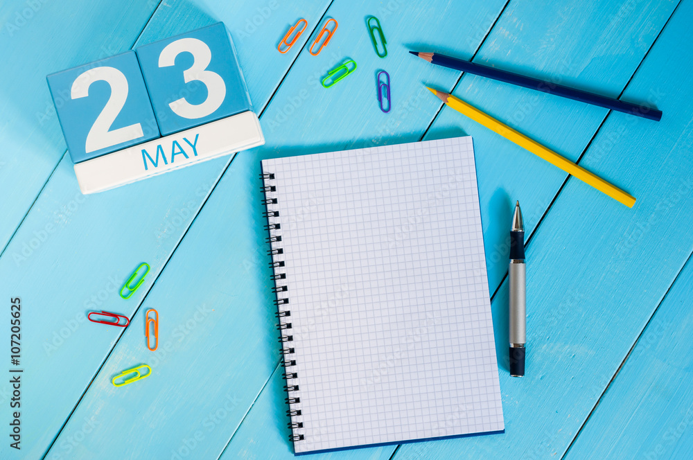 May 23rd. Image of may 23 wooden color calendar on blue background ...