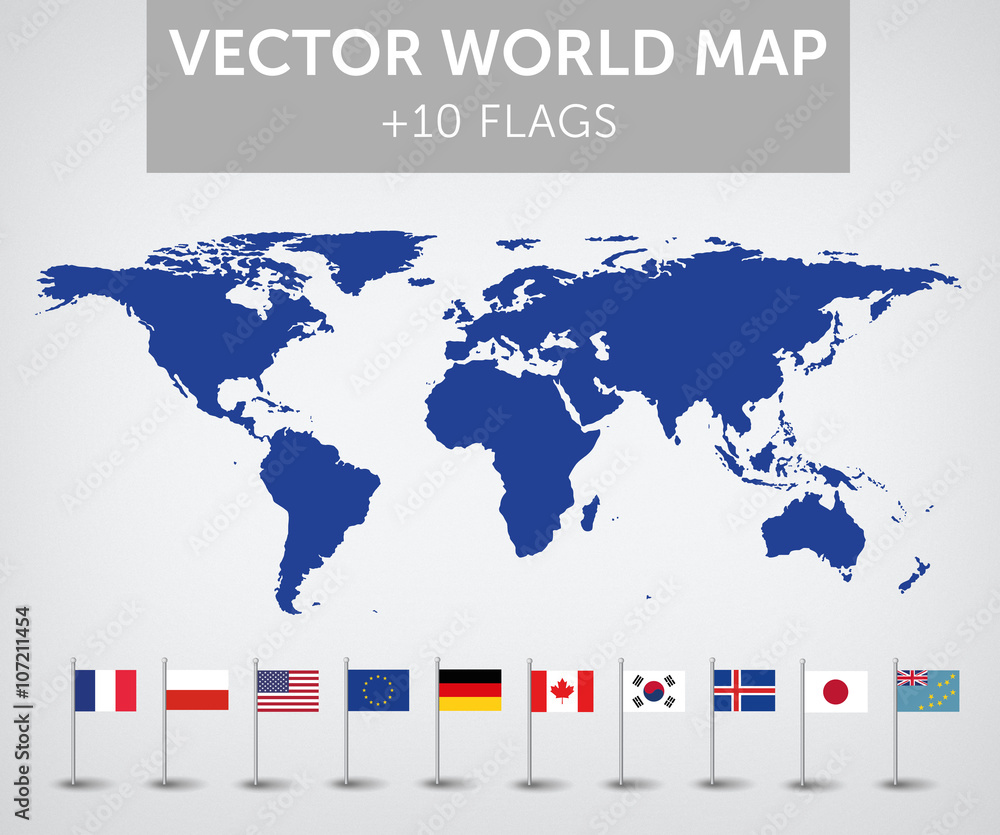 Vector world map + 10 flags Stock Vector | Adobe Stock