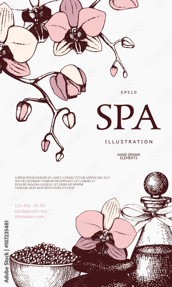 Vector Gift voucher design with hand drawn spa illustration. Spa sketch ...