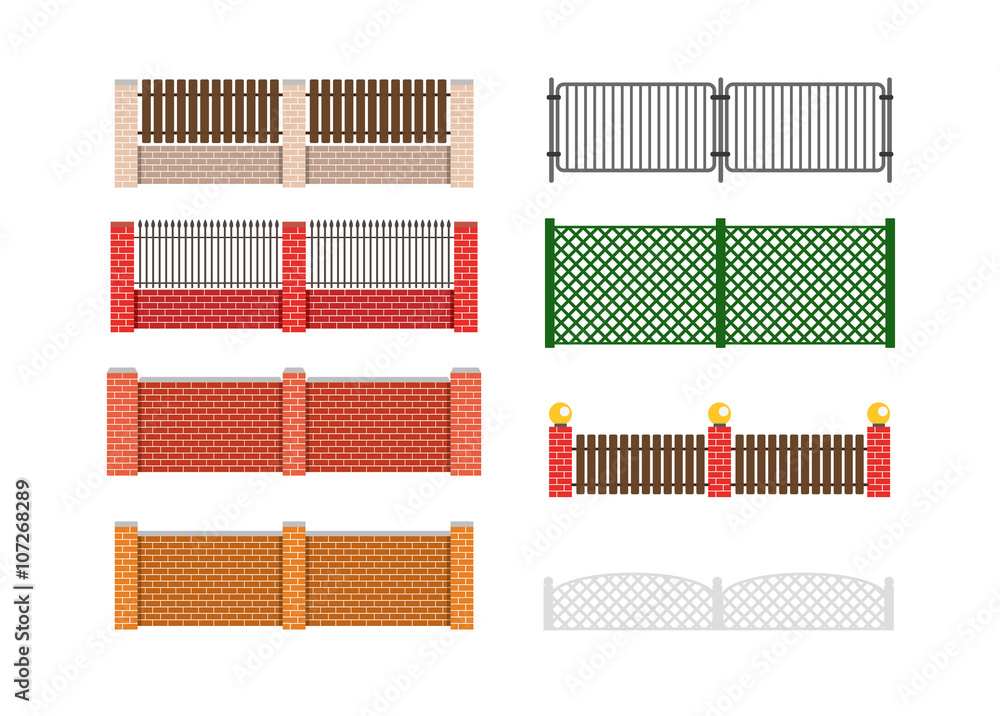 Fence vector illustration. Brick fence and wood fence. Fence aro Stock ...