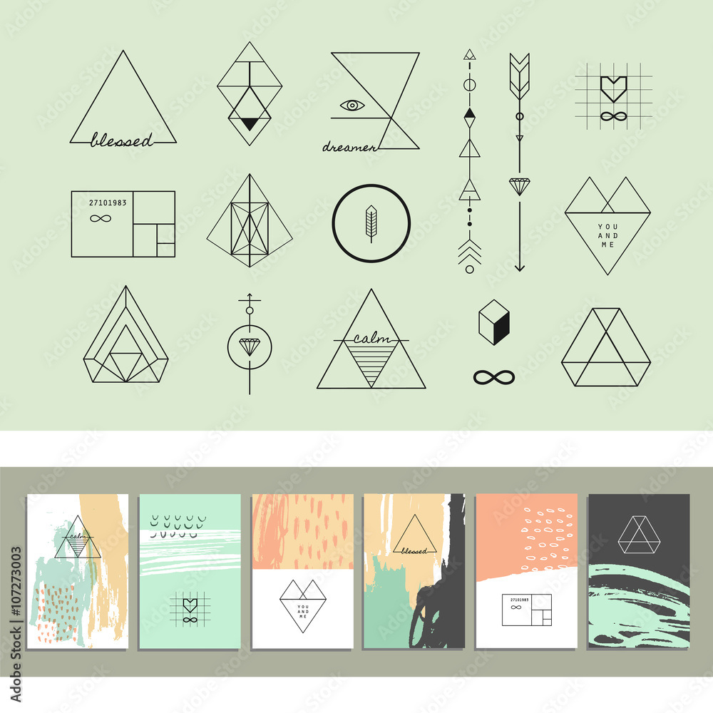 Set of geometric shapes and six templates of creative cards. Stock ...