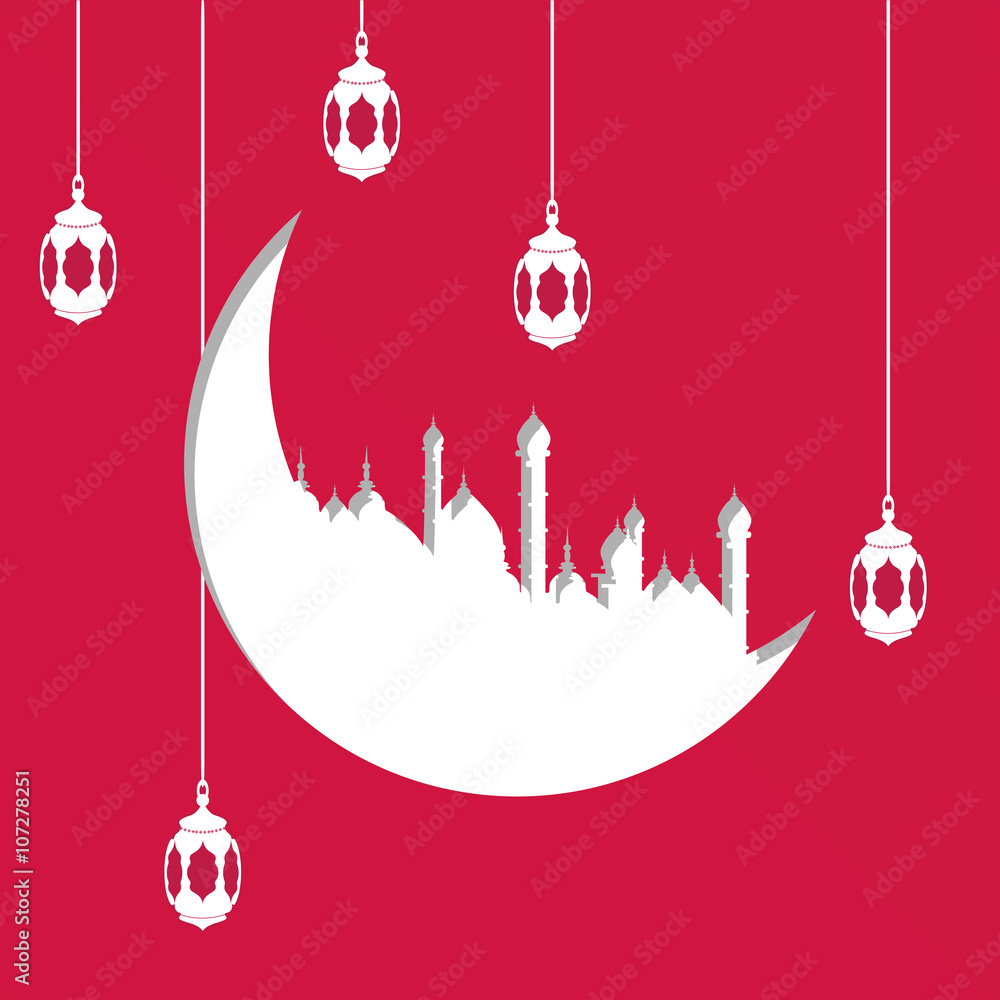 Arabic moon shape paper cutout with illustration of hanging lamps or ...