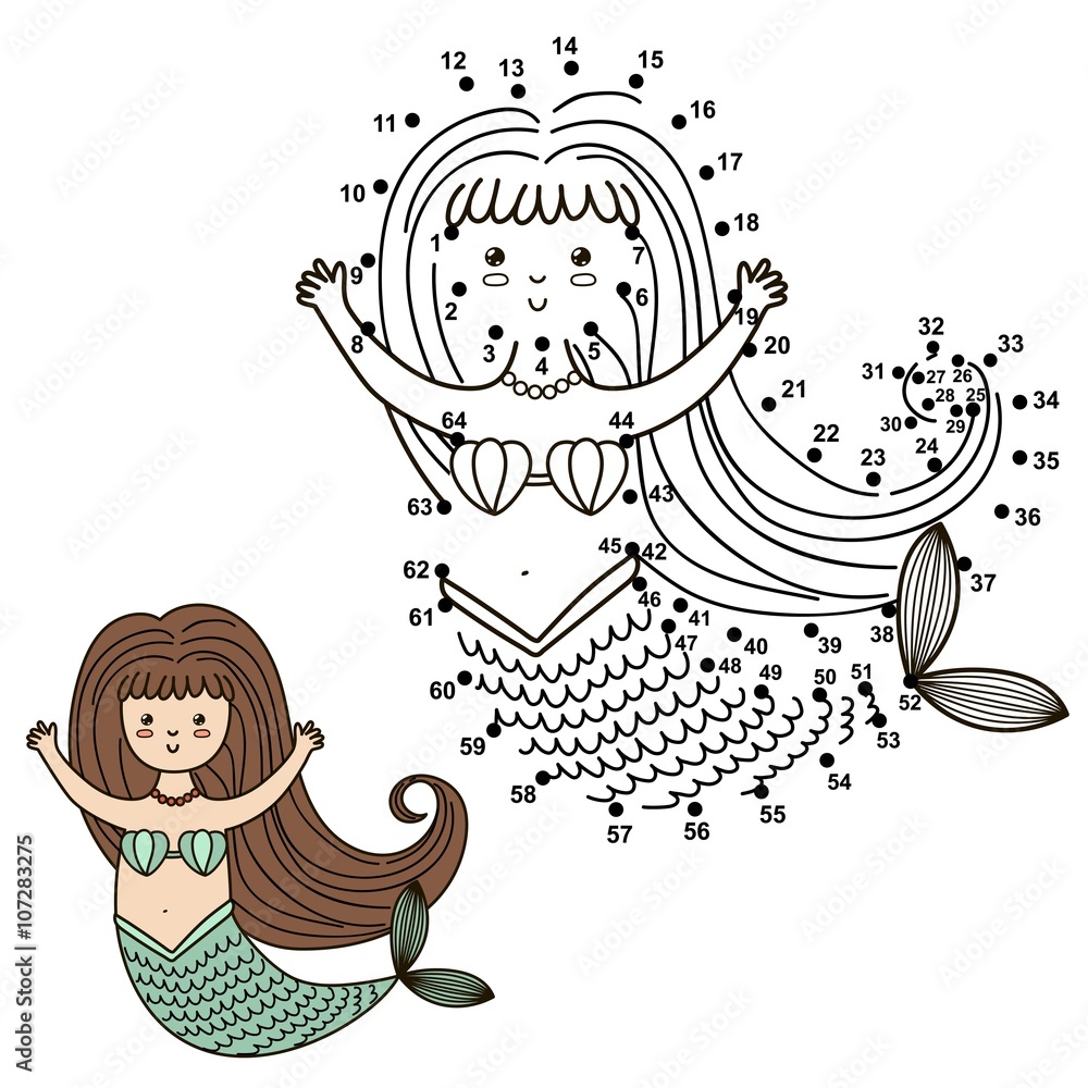 Connect the dots to draw the cute mermaid and color it Stock Vector ...