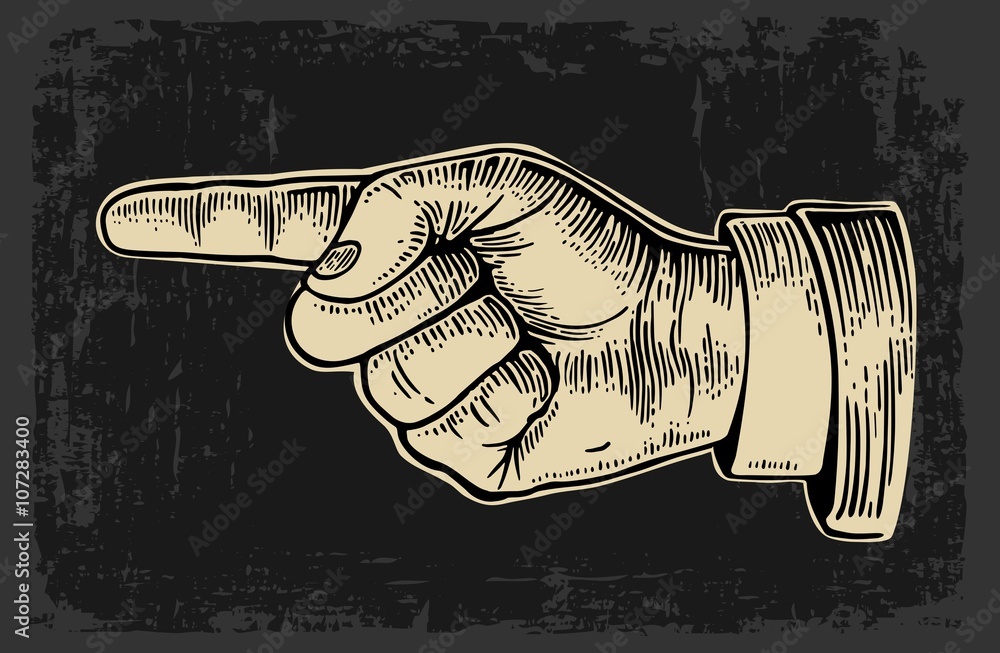 Pointing finger. Vector vintage engraved illustration on a black ...