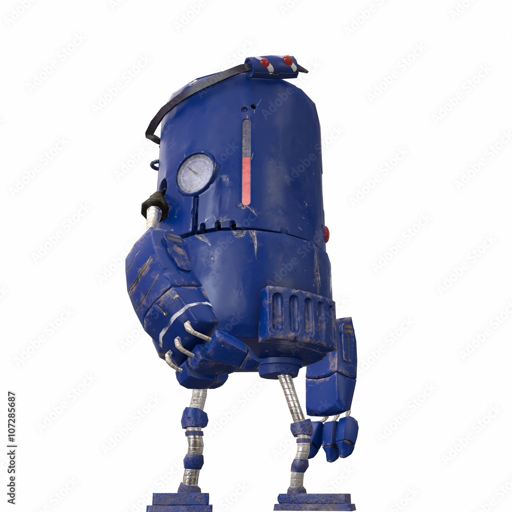 Cute blue robot with batteries 3D illustration on white background ...
