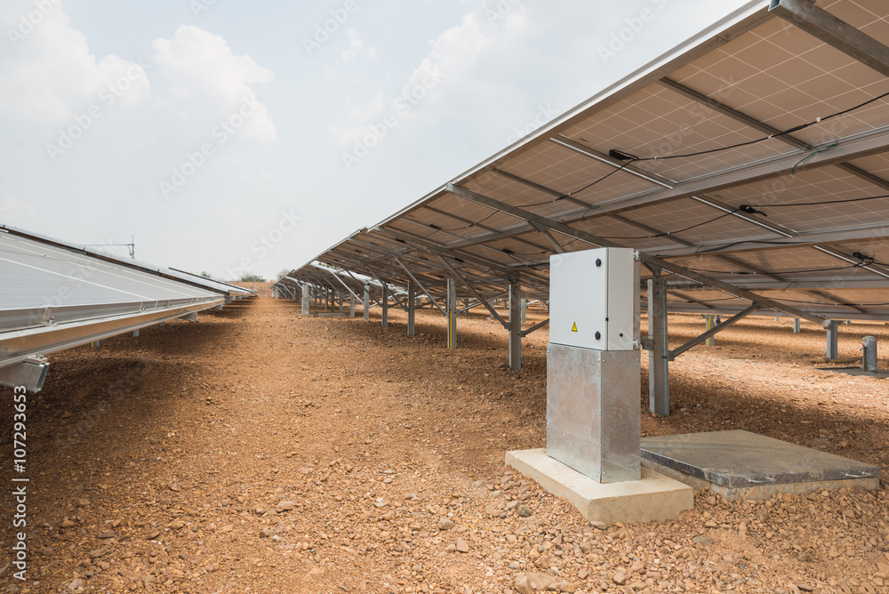 The control box of solar farm for green energy in the field Stock Photo ...