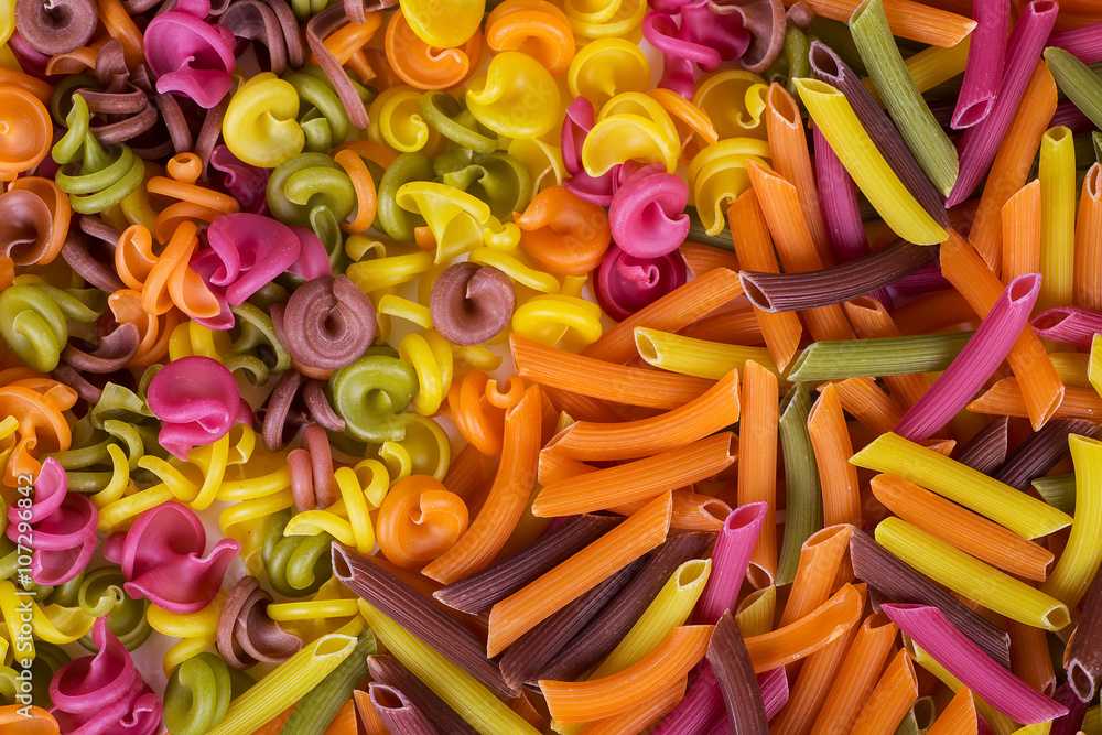 Variety of types and shapes of Italian pasta. Dry pasta backgrou Stock ...