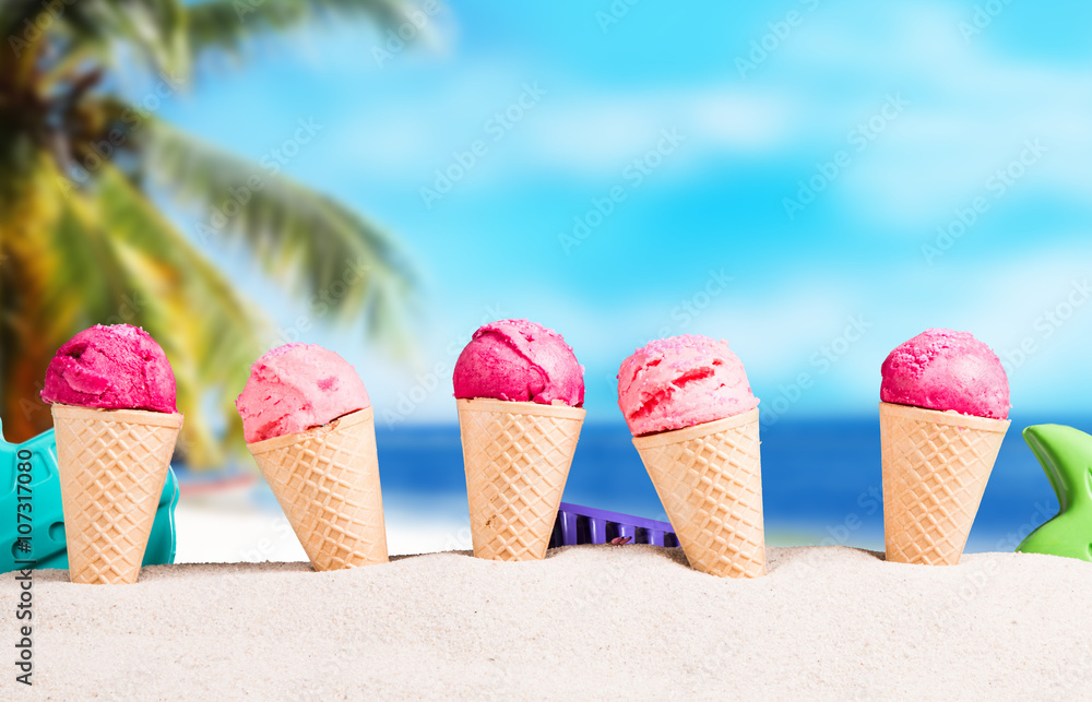 Frozen Ice-cream. Strawberry ice creams in cone with tropical beach ...