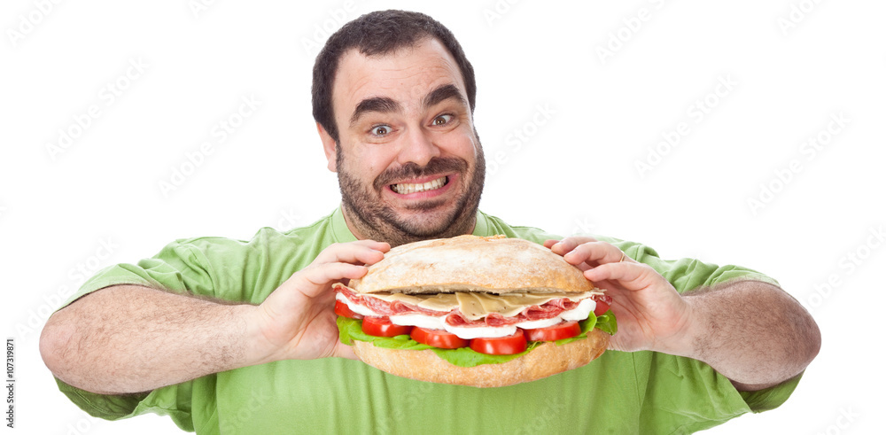 fat funny man eat a huge sandwich isolated on white Stock Photo | Adobe ...