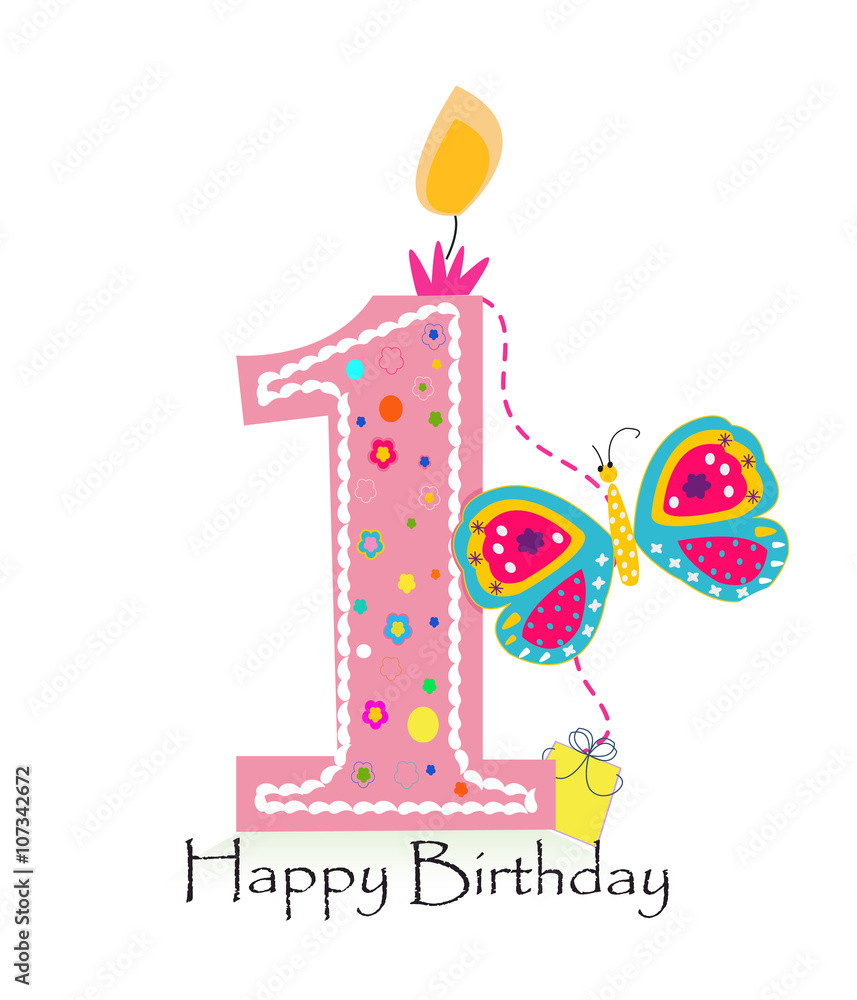 Happy first birthday candle. Baby girl greeting card with one candle ...