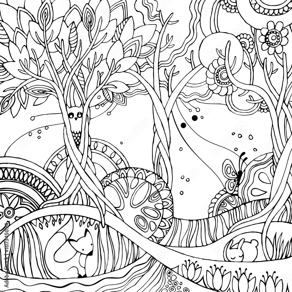 Adult coloring page with forest, fox, owl, rabbit, butterfly, trees ...