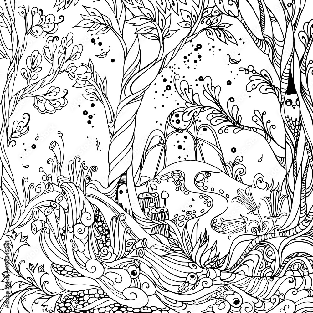 Fairy Forest - Adult Coloring Page. Vector illustration. Stock Vector ...