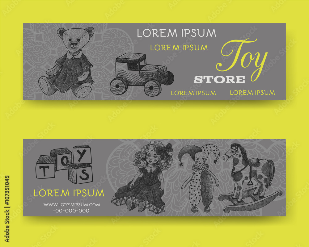 Website banner or header set. Toy store. Template for design. Doll ...
