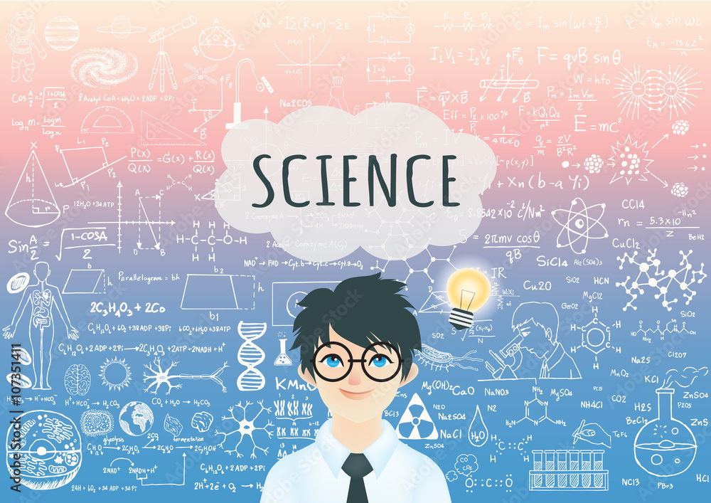 Genius boyGenius boy with bright light bulb , word Science in speech ...