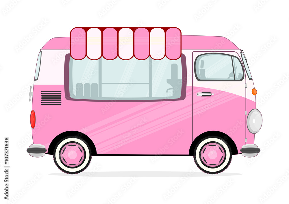 Funny cartoon pink van with ice cream on a white background. Flat ...
