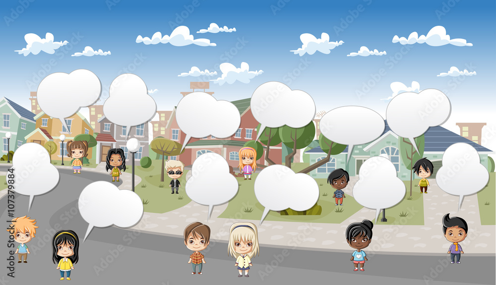 Cute happy cartoon kids talking in the street of a retro suburb ...
