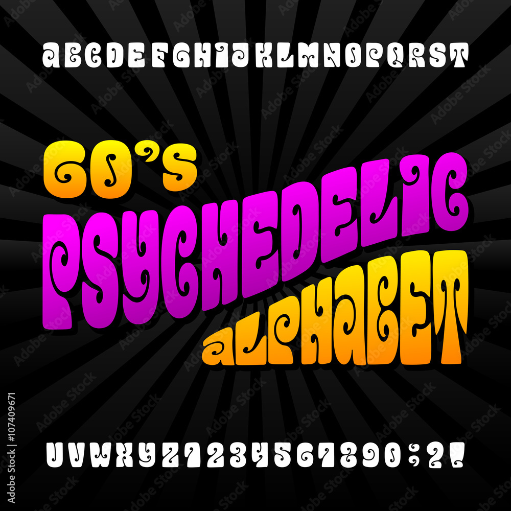 Psychedelic alphabet vector font. Hand drawn letters and numbers in 60 ...