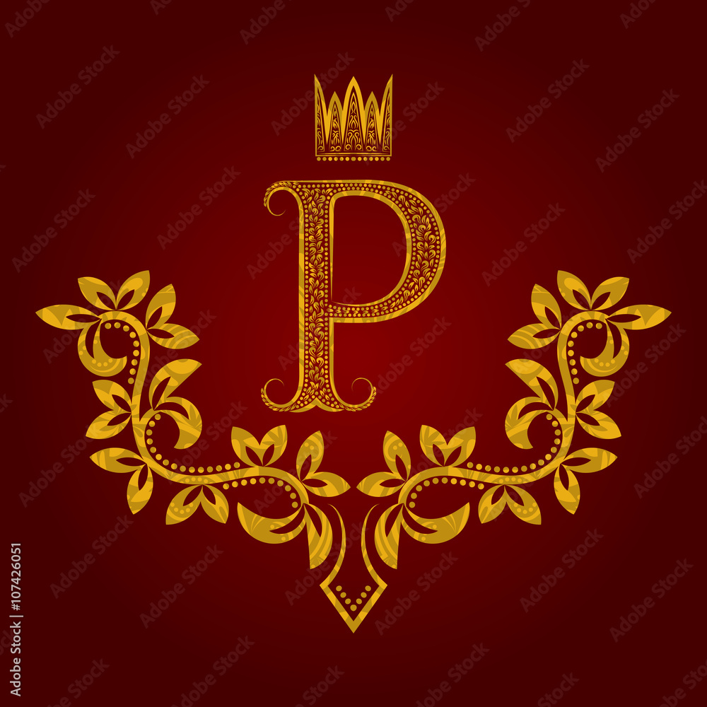 Patterned golden letter P monogram in vintage style. Heraldic coat of ...