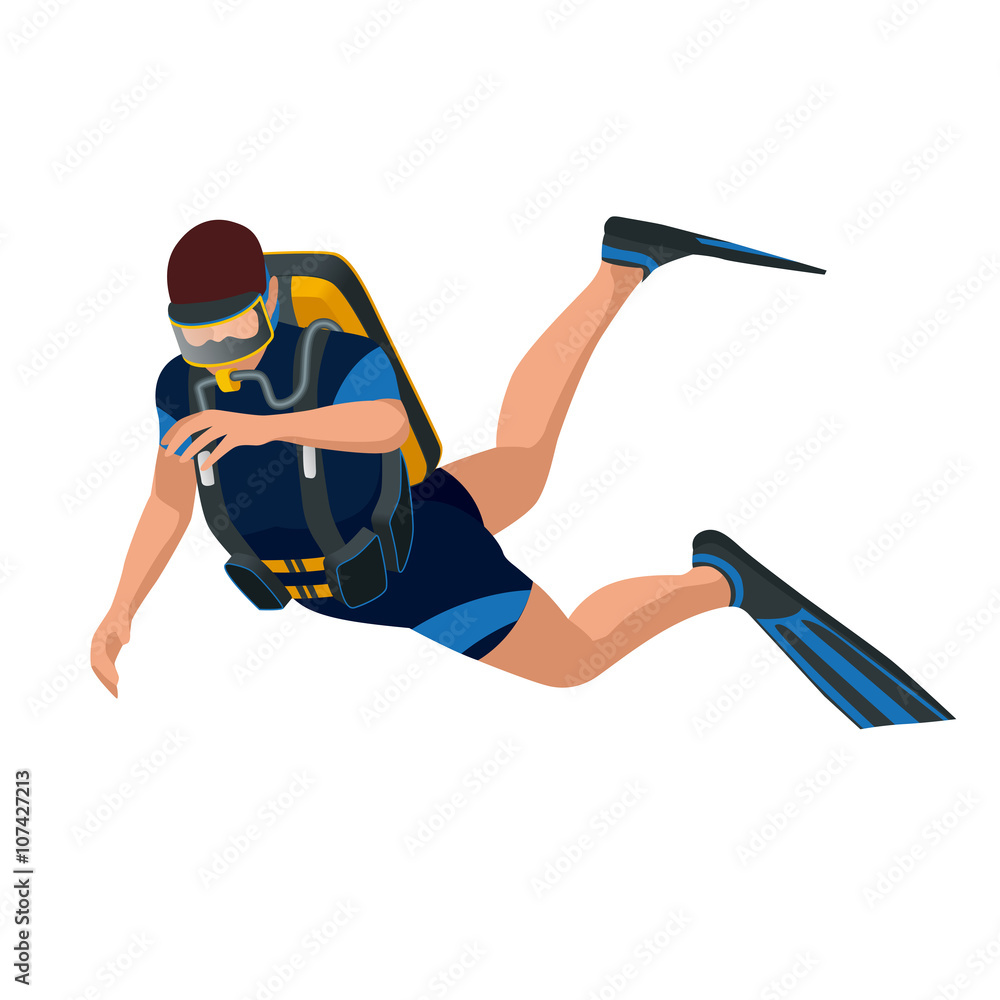 Scuba diver diving man front view. Scuba diving flat 3d isometric ...