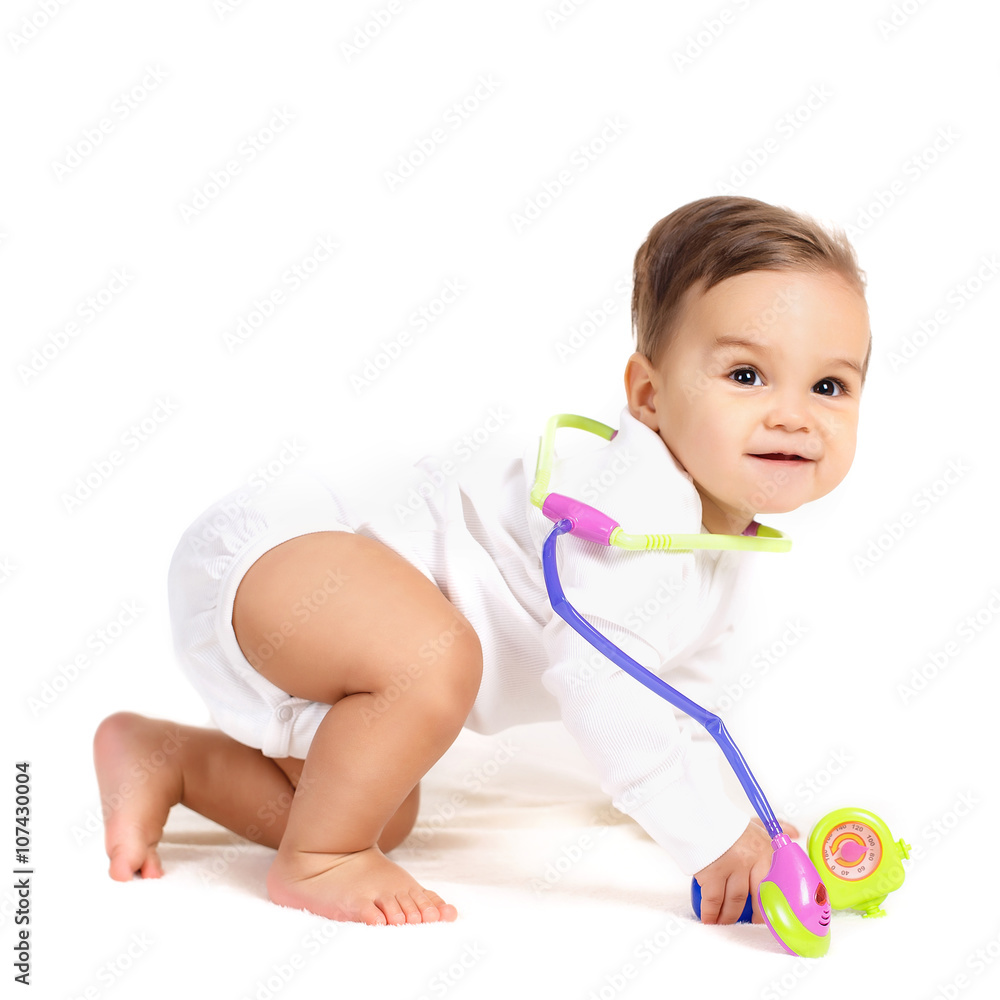 Portrait of a baby with a stethoscope on a white background Stock Photo ...