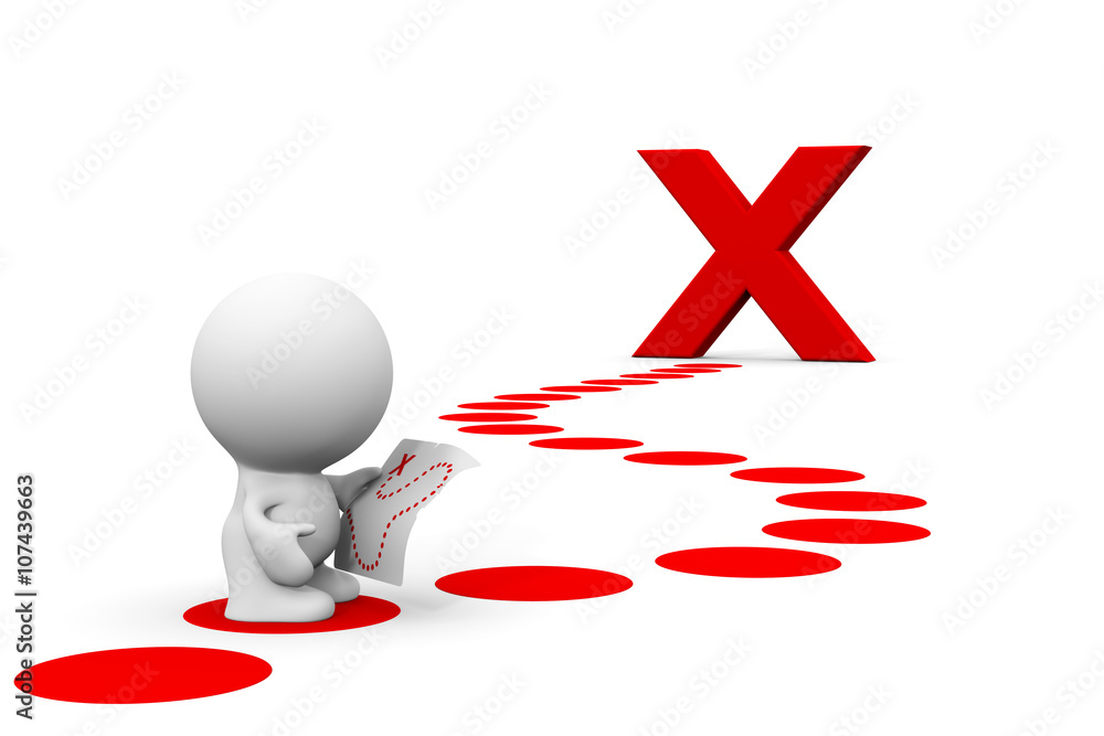 white 3d person reading a treasure map to reach a big red X (3D ...