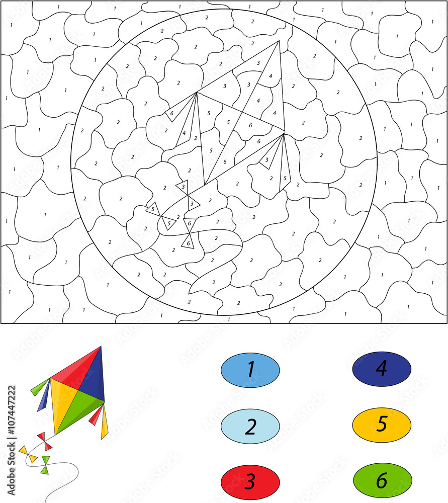 Cartoon colorful kite. Color by number educational game for kids Stock ...