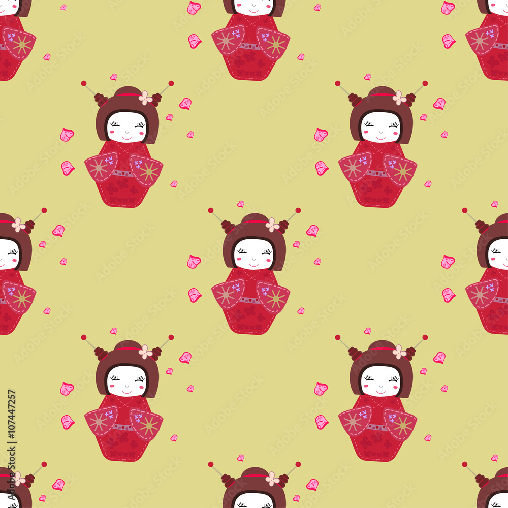 Seamless Pattern Traditional Japanese Toy Kokeshi, Vector Cartoon ...