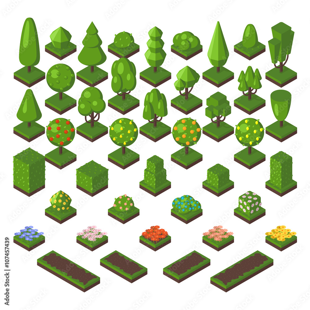 Isometric tree set green forest nature vector illustration. Stock ...