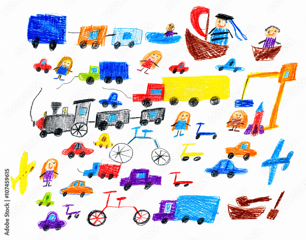 cartoon game toy and people collection, children drawing object on ...