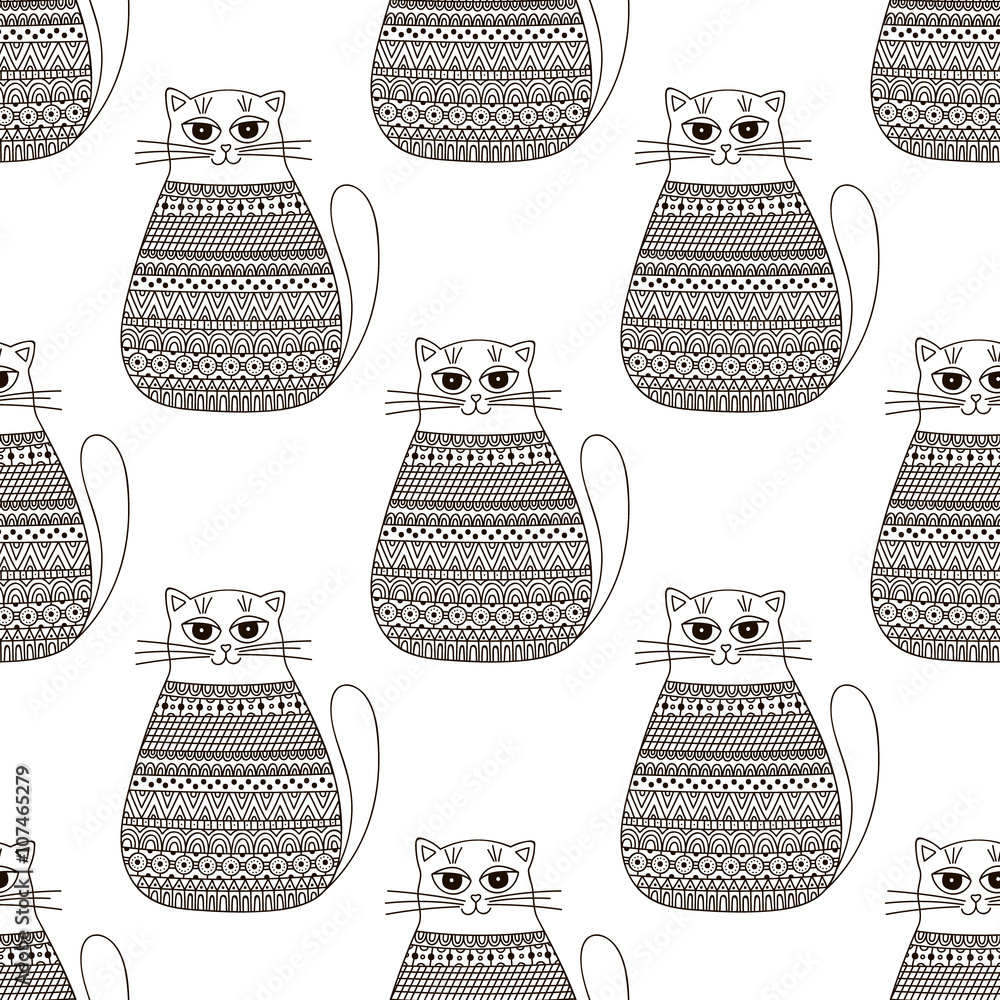 Doodle cats with hand drawn ornament. Vector seamless pattern with cute ...
