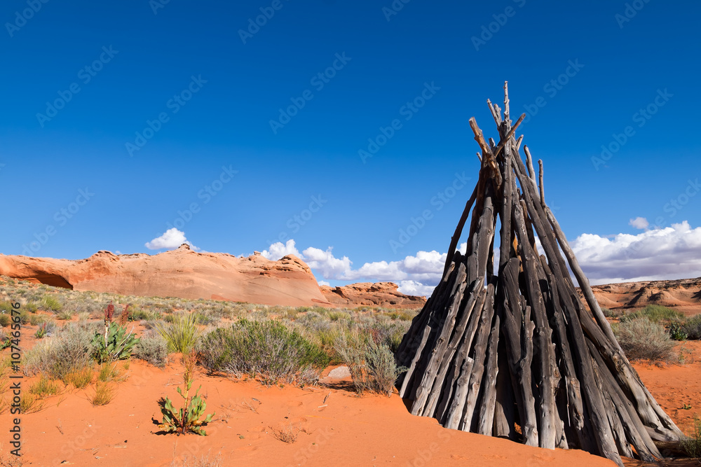 Native American wooden tipi in the Arizona desert landscape Stock Photo ...