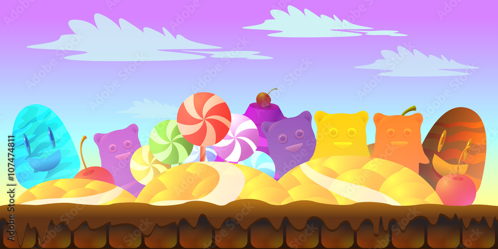 Cartoon fairy tale landscape. Candy land illustration for game design ...