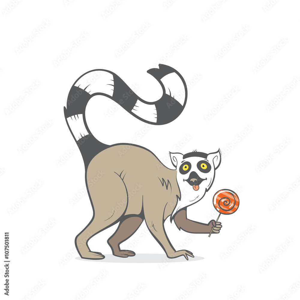 Card with cartoon ring-tailed lemur. Vector image. Hand drawn image ...