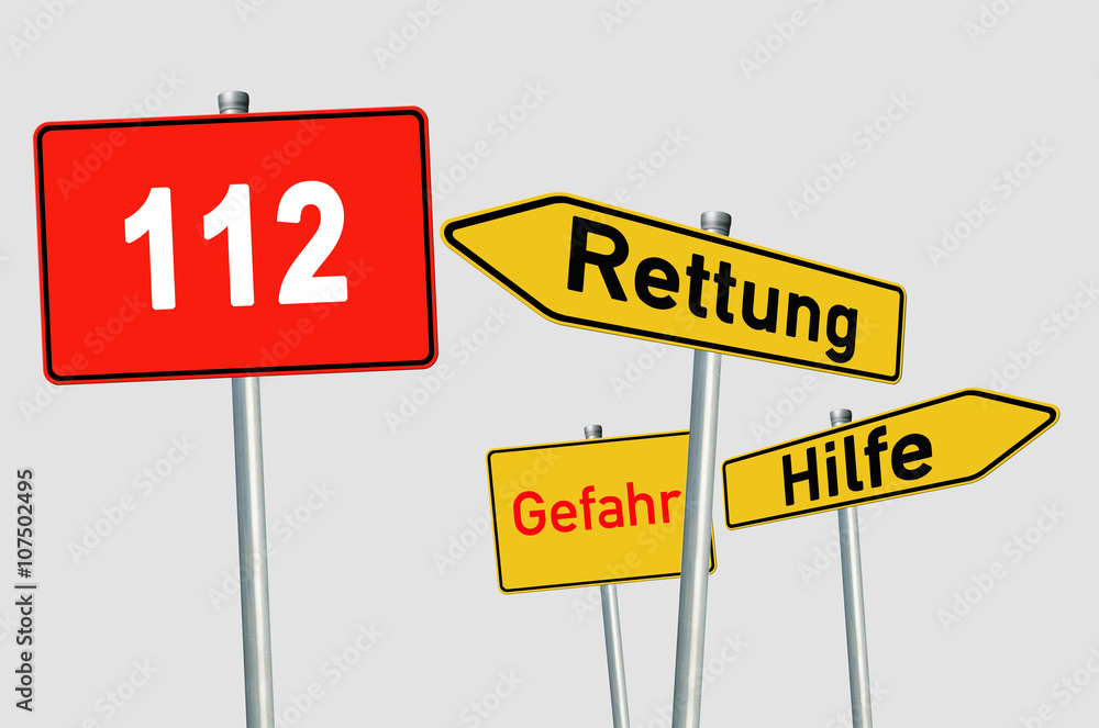 Notruf 29 / Schilder "112 - Gefahr, Hilfe, Rettung", freigestellt Stock ...