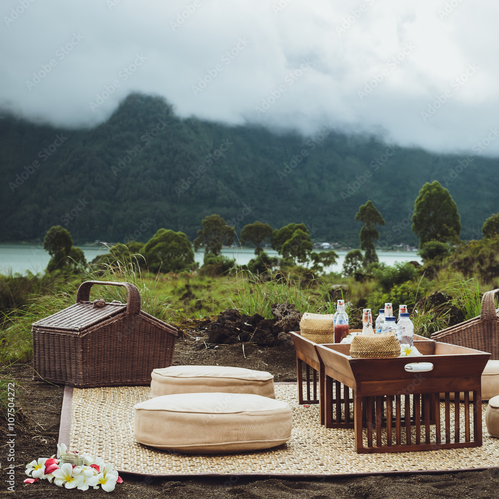 Picnic on the nature. Kintamani Lake and Batur volcano, Bali. Stock ...