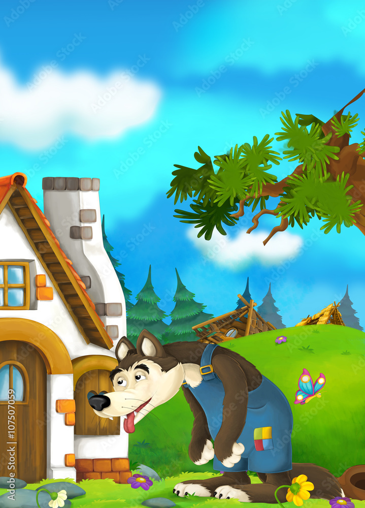 Cartoon scene tired wolf near the classical village house ...