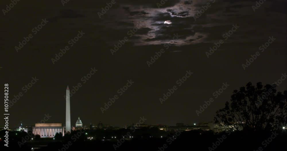 Washington DC wide time lapse at night Super Moon rise-higher in sky ...