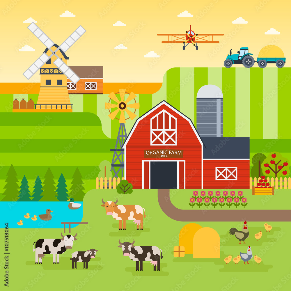 Farm flat vector landscape. Organic food concept for any design. Farm ...